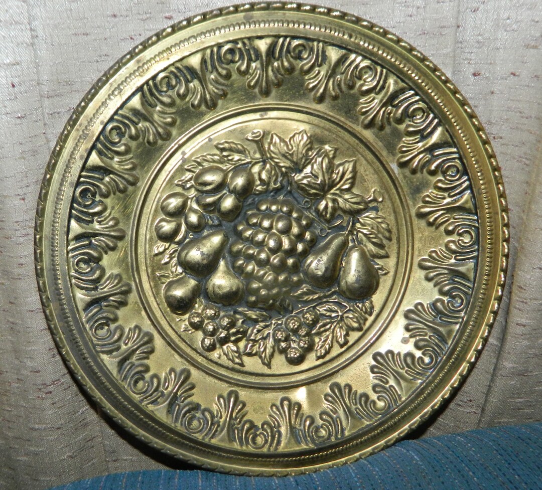 A Vintage Brass 11.5" Wall Plate W/a Fruit Design. A Large Beautiful ...