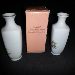 A Pair of Miniature Pink Floral Vases-2 Glossy White Vases W/ a Pink ...