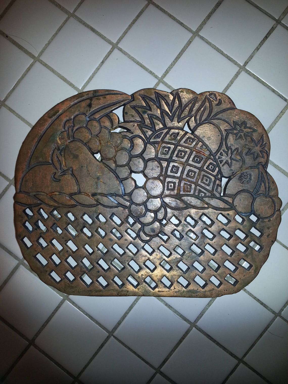 A Vintage Copper Plated Cast Iron Trivet-a Fruit Basket Shaped Trivet ...