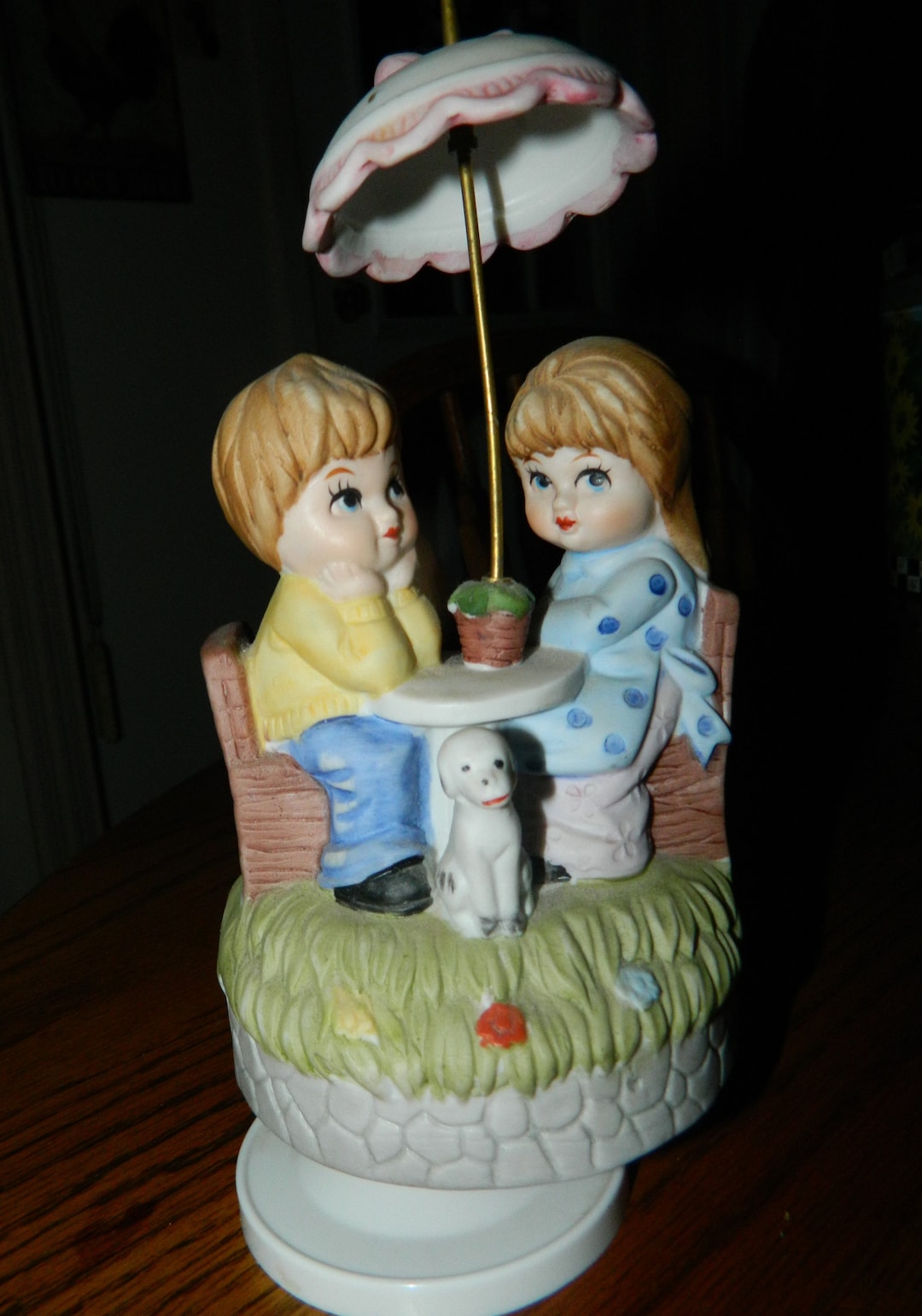 Vintage Boy & Girl Music Box, Boy and Girl Figurine W/their Dog, Wind ...