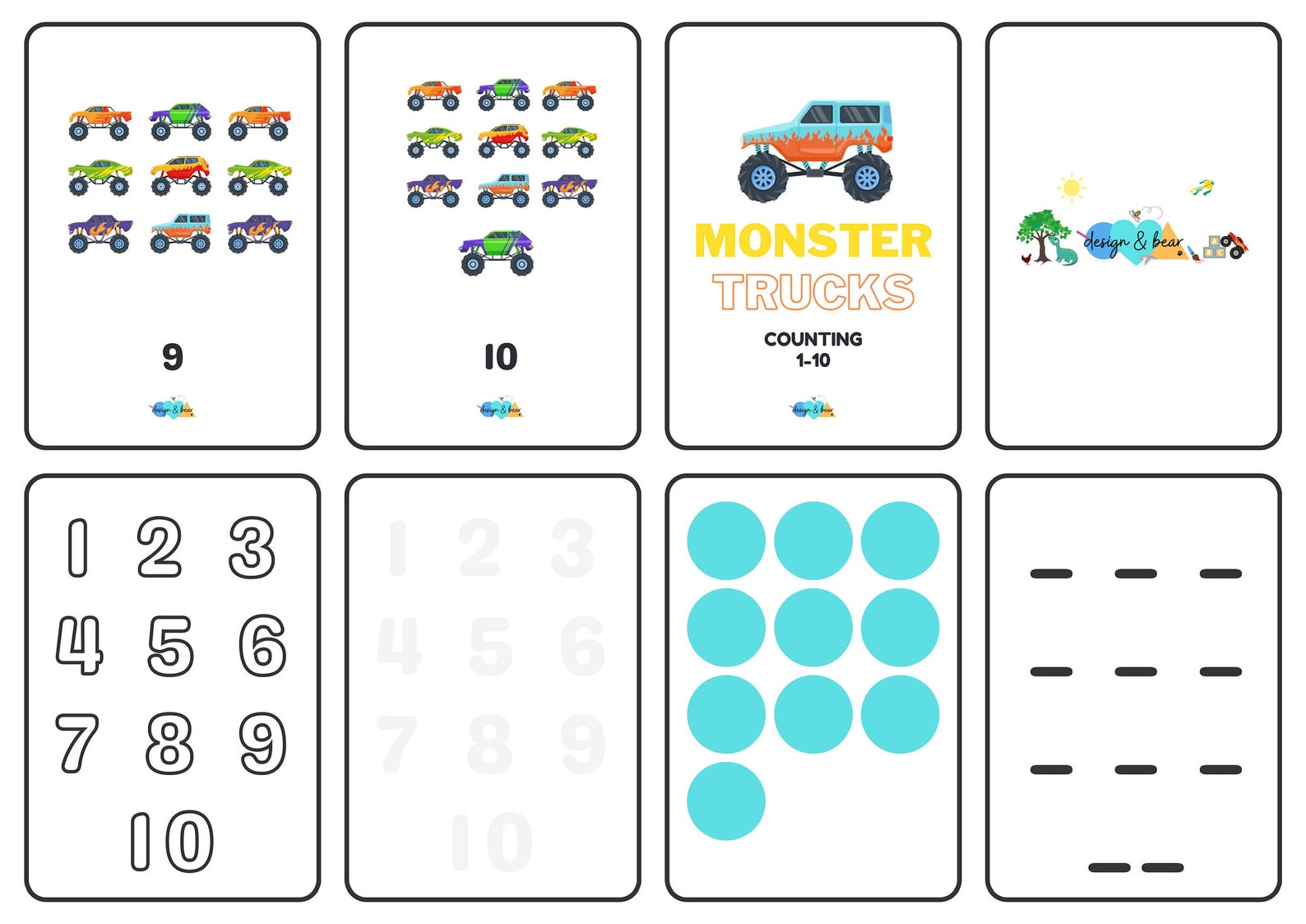 Monster Trucks Counting 1 to 10 Flashcards With Number Outlines ...
