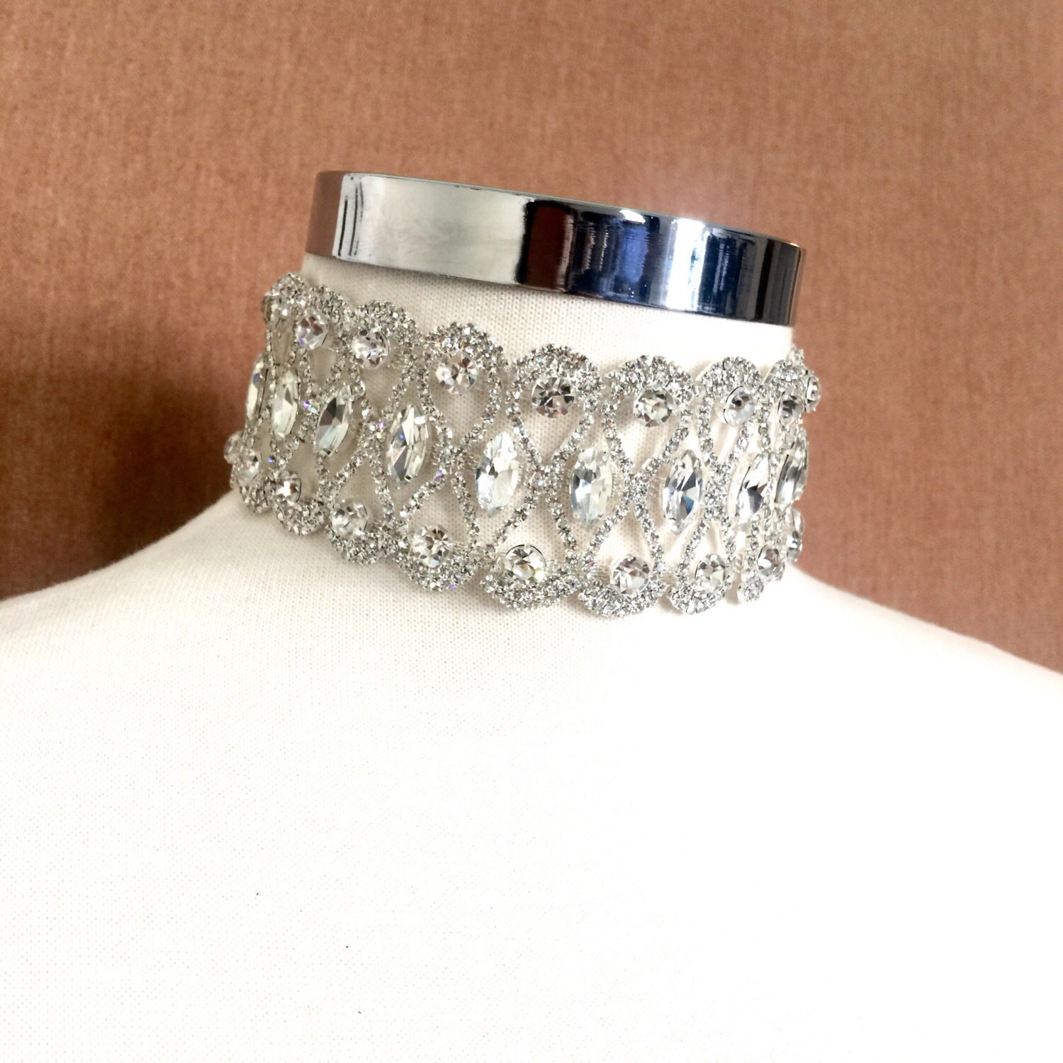 Thick Silver Crystal Choker, Silver Rhinestone Necklace, Choker Jewelry