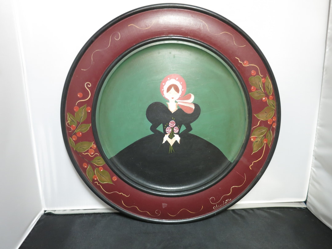 Hand Painted Figural Folk Art Wood Plate Tole Painted Signed Claudette ...