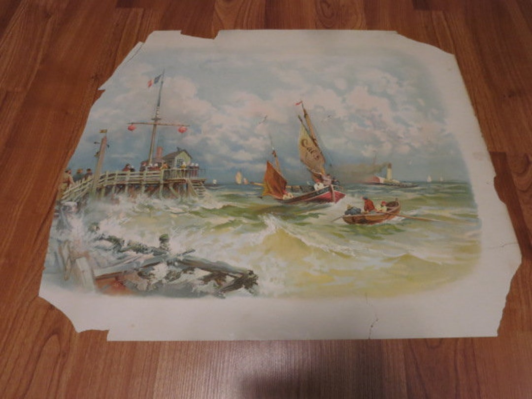 Antique French Seascape Boat Sailboat Pier With Flag Lithograph Remains ...