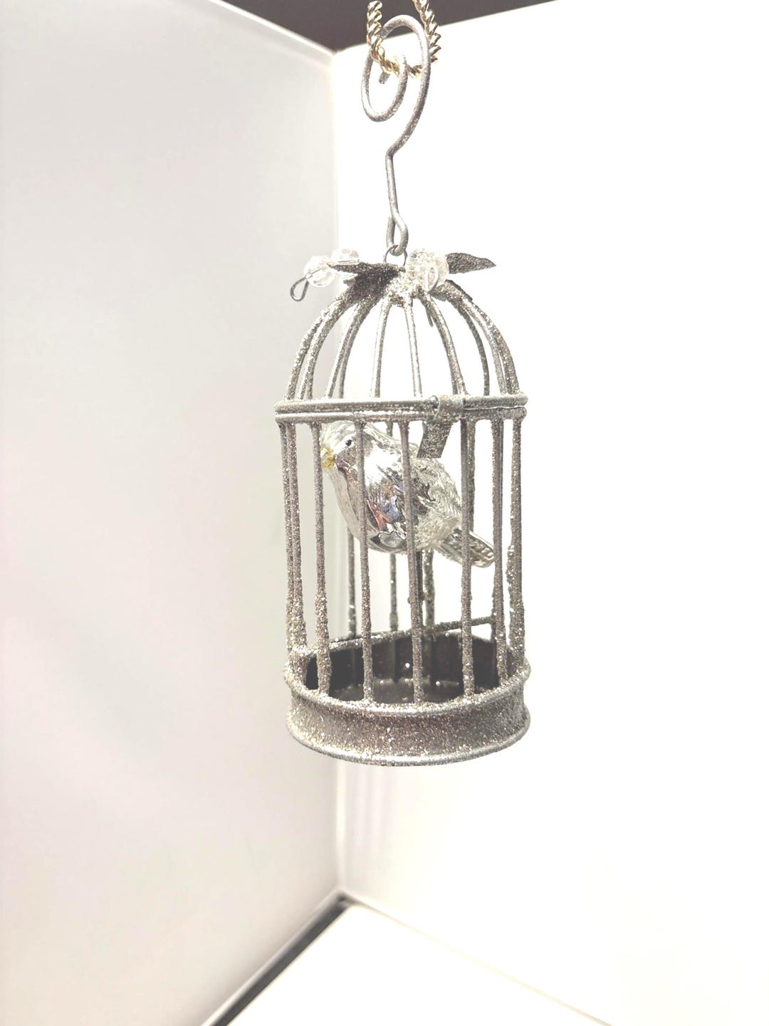 Vintage Silver Glitter Bird Cage With Bird Perched Inside Christmas ...