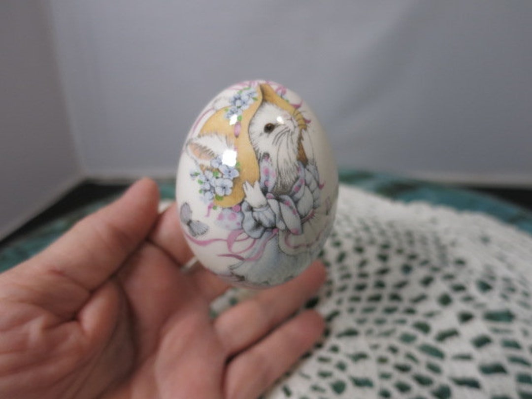 Vintage the Egg Lady Painted Porcelain Egg White Bunny Rabbit Wearing ...