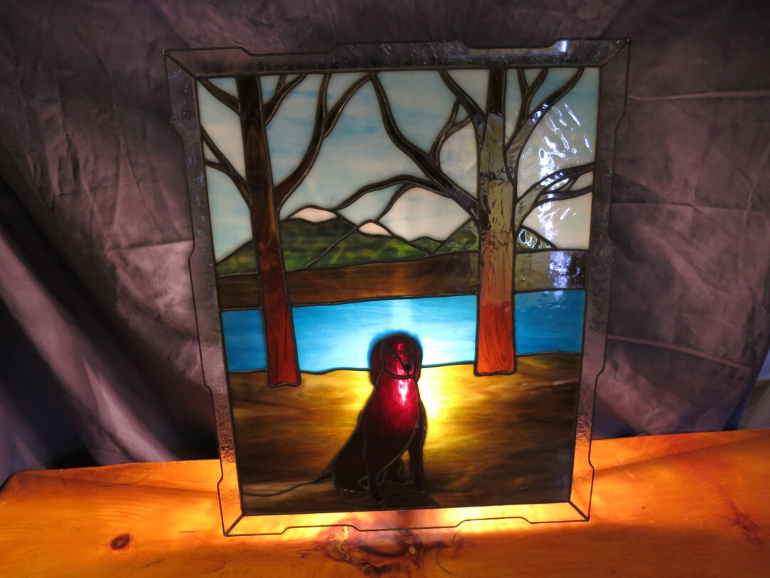 Vintage Leaded Stained Glass Wall Shadow Box Lamp Labrador or Dachshund ...