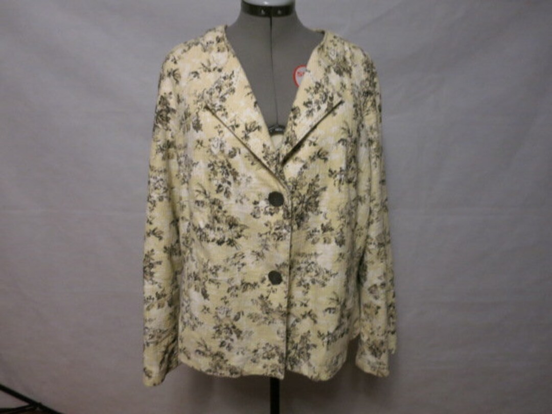 Vintage J. Jill Blazer Black Floral Toile Pattern Cream to Light Yellow ...
