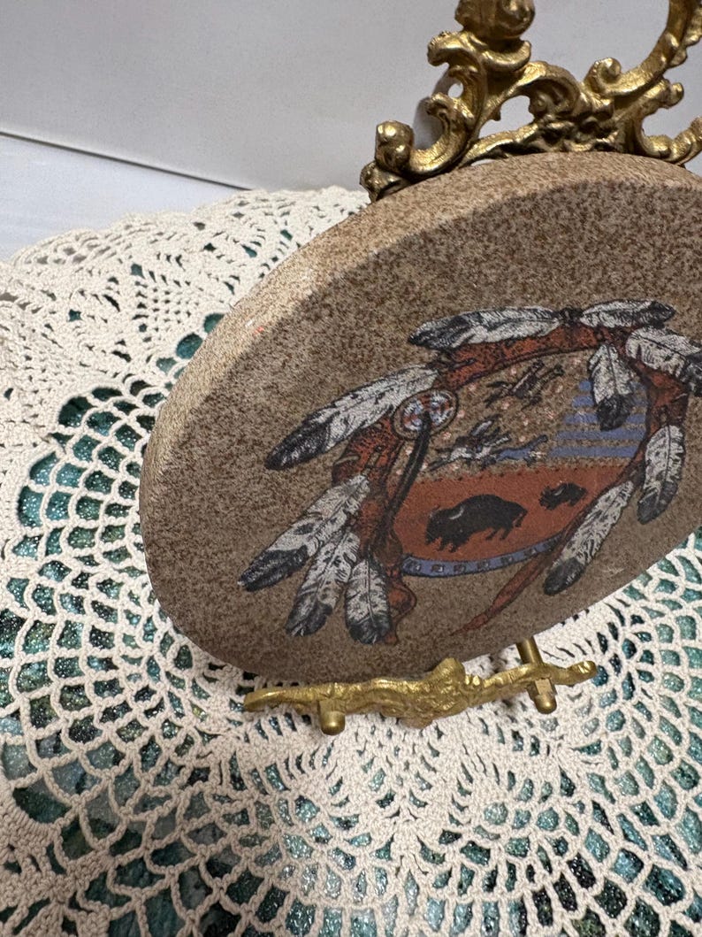 Vintage Wet Stone Trivet Indian Buffalo Dream Catcher Motif 6 Inches ...