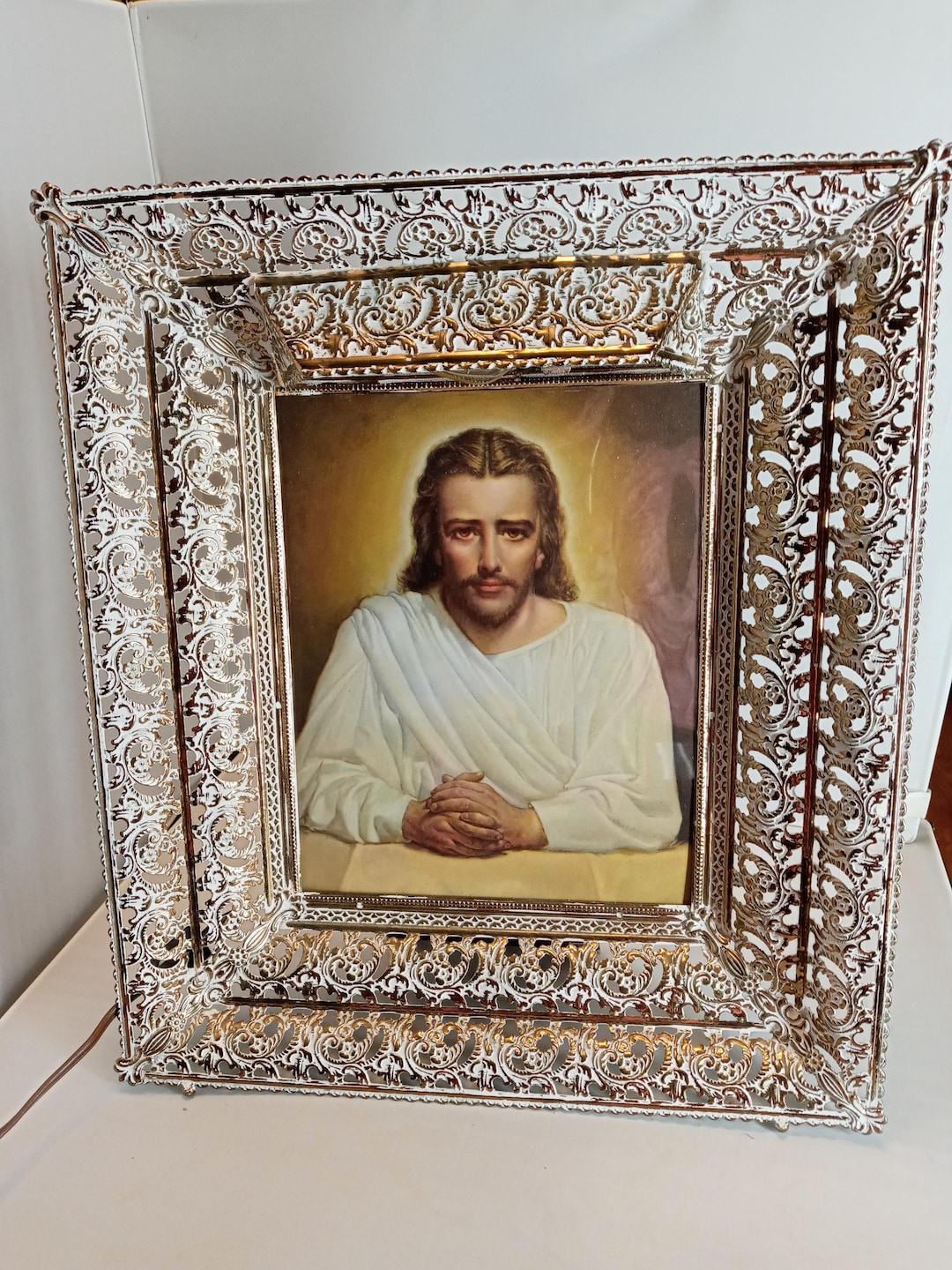 Mid Century Jesus Christ Light up Picture Ornate 3D Style Picture ...