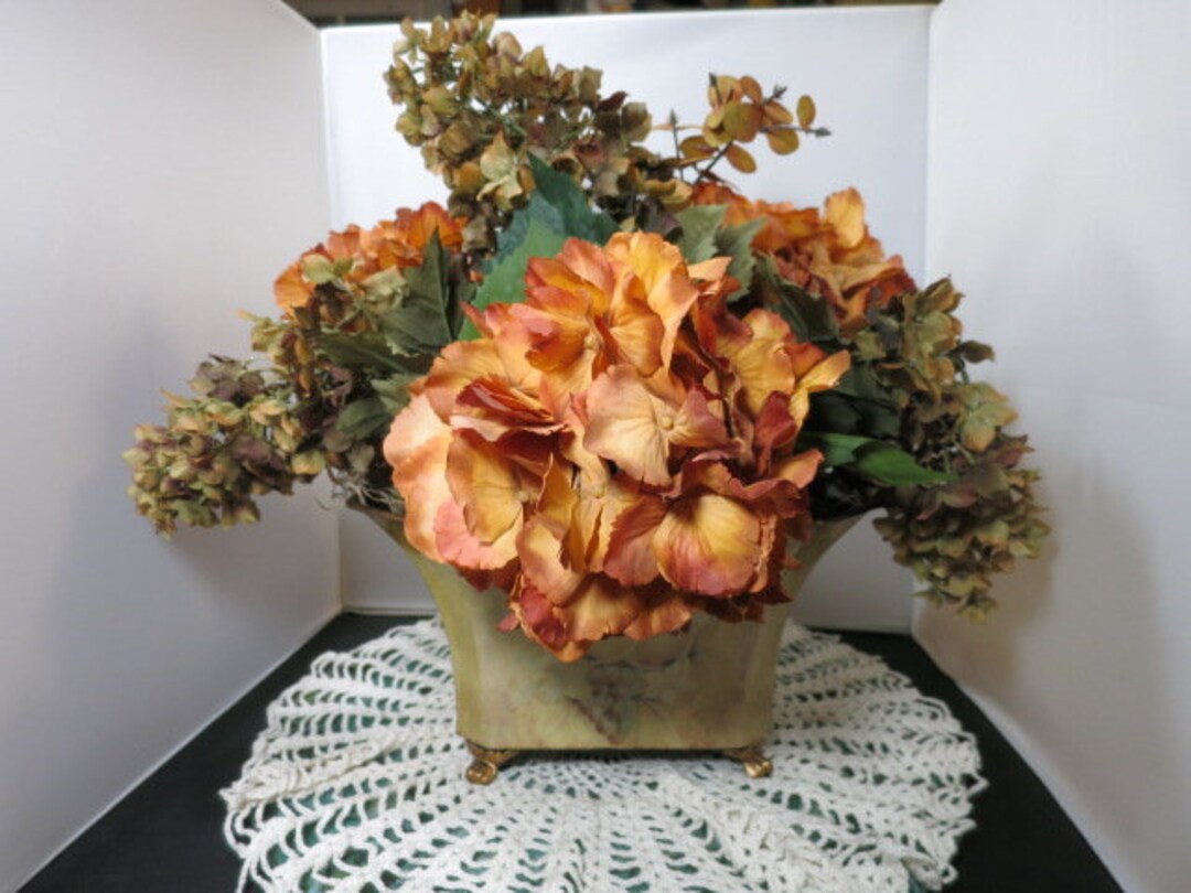 Vintage Fall Flower Arrangement Tin Painted Planter Mixed Hydrangea Etc ...