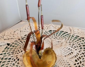 Vintage Brass Copper and Wood Cattail Sculpture on Wood Base 13.5" - Etsy