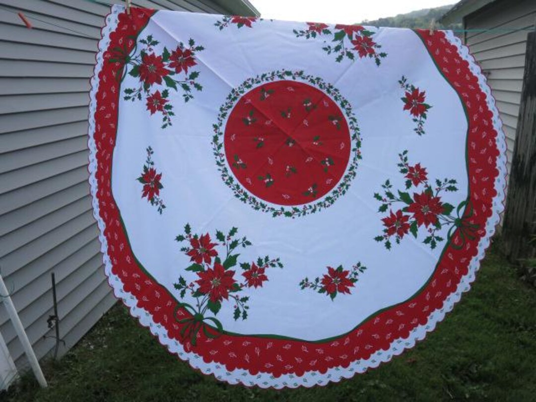 Vintage Christmas Tablecloth Round Poinsettia Holly Brazil 68 Inches ...