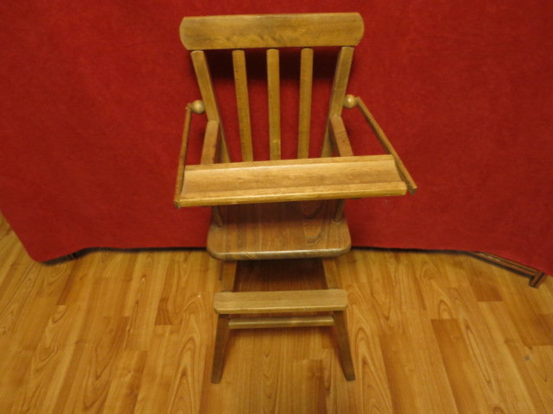 Vintage Wooden Doll High Chair Mid Century With Lift up Pull Over Tray ...