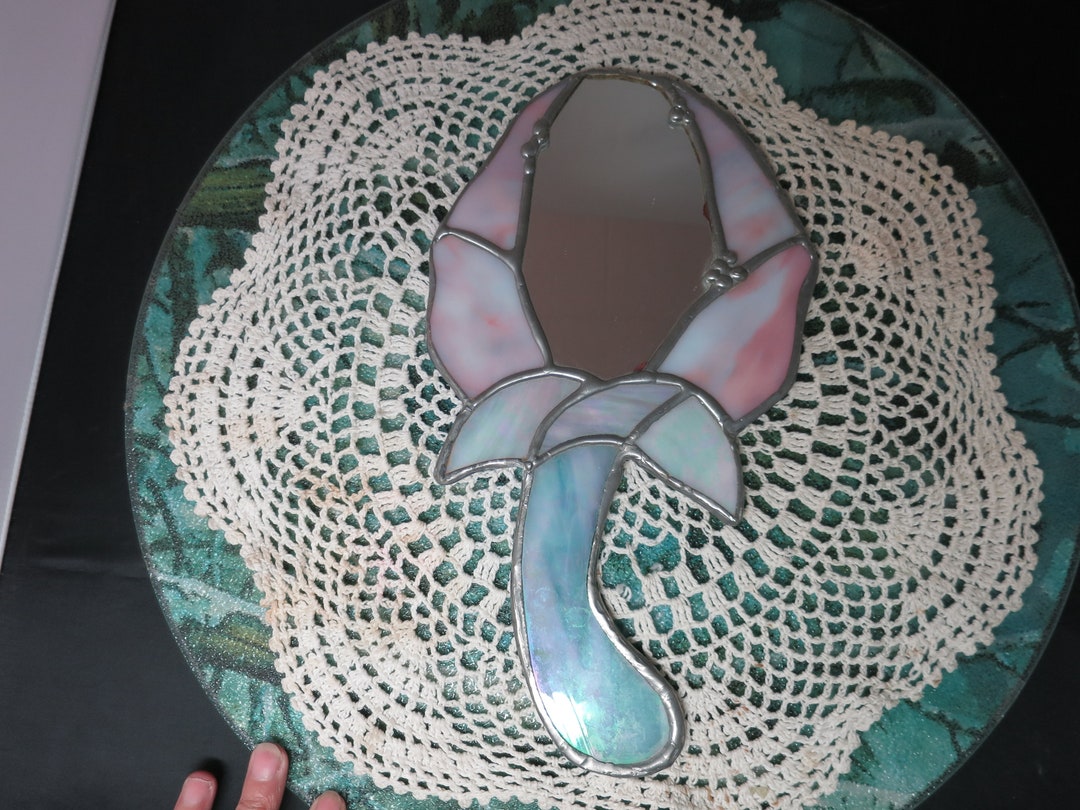 Vintage Stained Glass Vanity Hand Mirror Slag Glass Pewter Hand Crafted ...