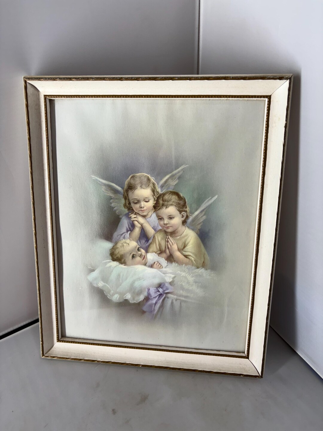 Guardian Angels Watching Over Baby With Blue Eyes Wood Framed Print Mid ...