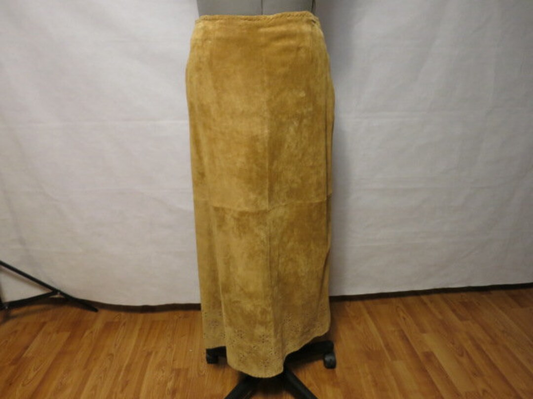 Margaret Godfrey Tan Suede Leather Maxi Skirt Cut Flower Cut Out Bottom ...