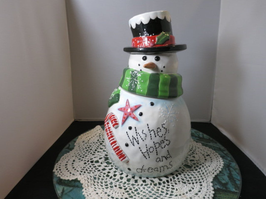 Vintage XMAS CHEER by Jay Imports Snowman Cookie Jar Wishes Hopes and ...