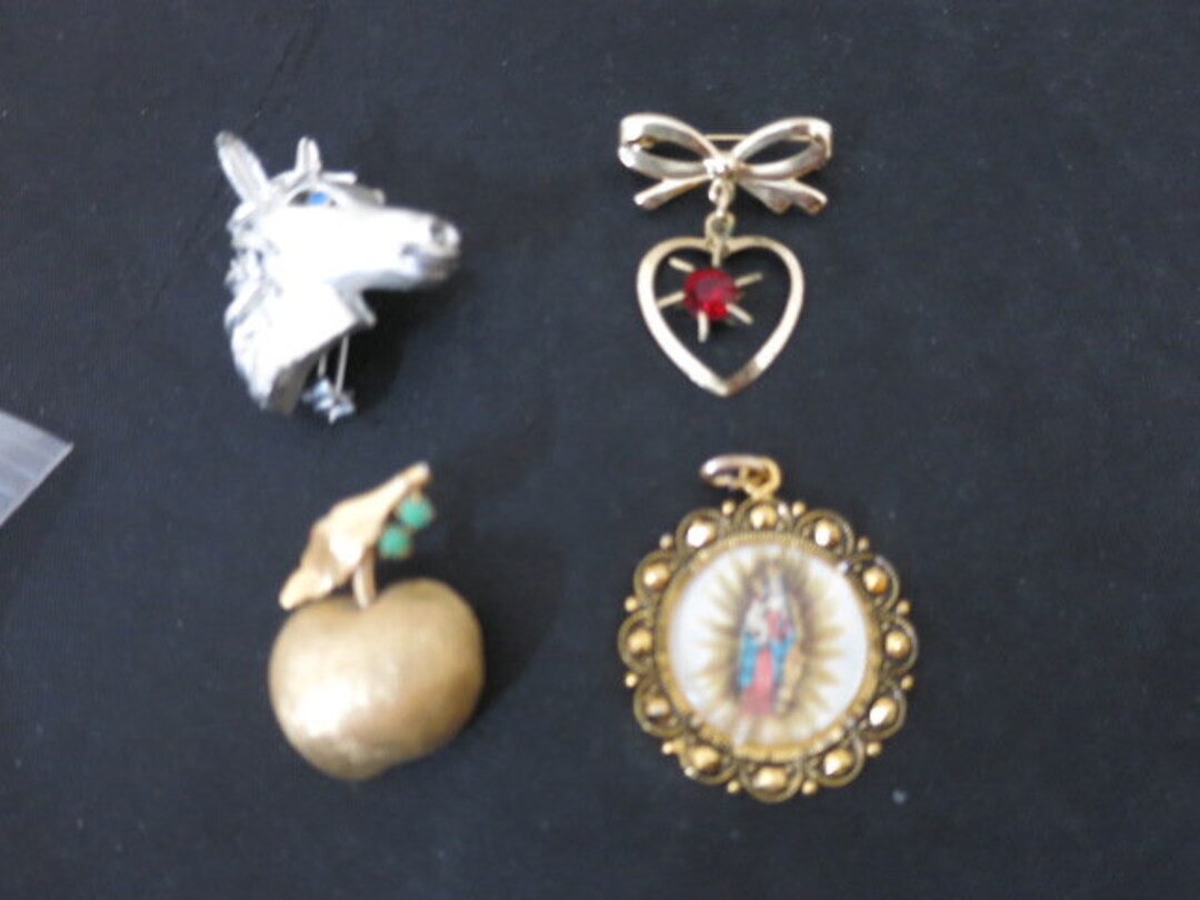 Silver Tone Unicorn Pin Ribbon Heart Ruby Crystal Pin Apple Turquoise ...