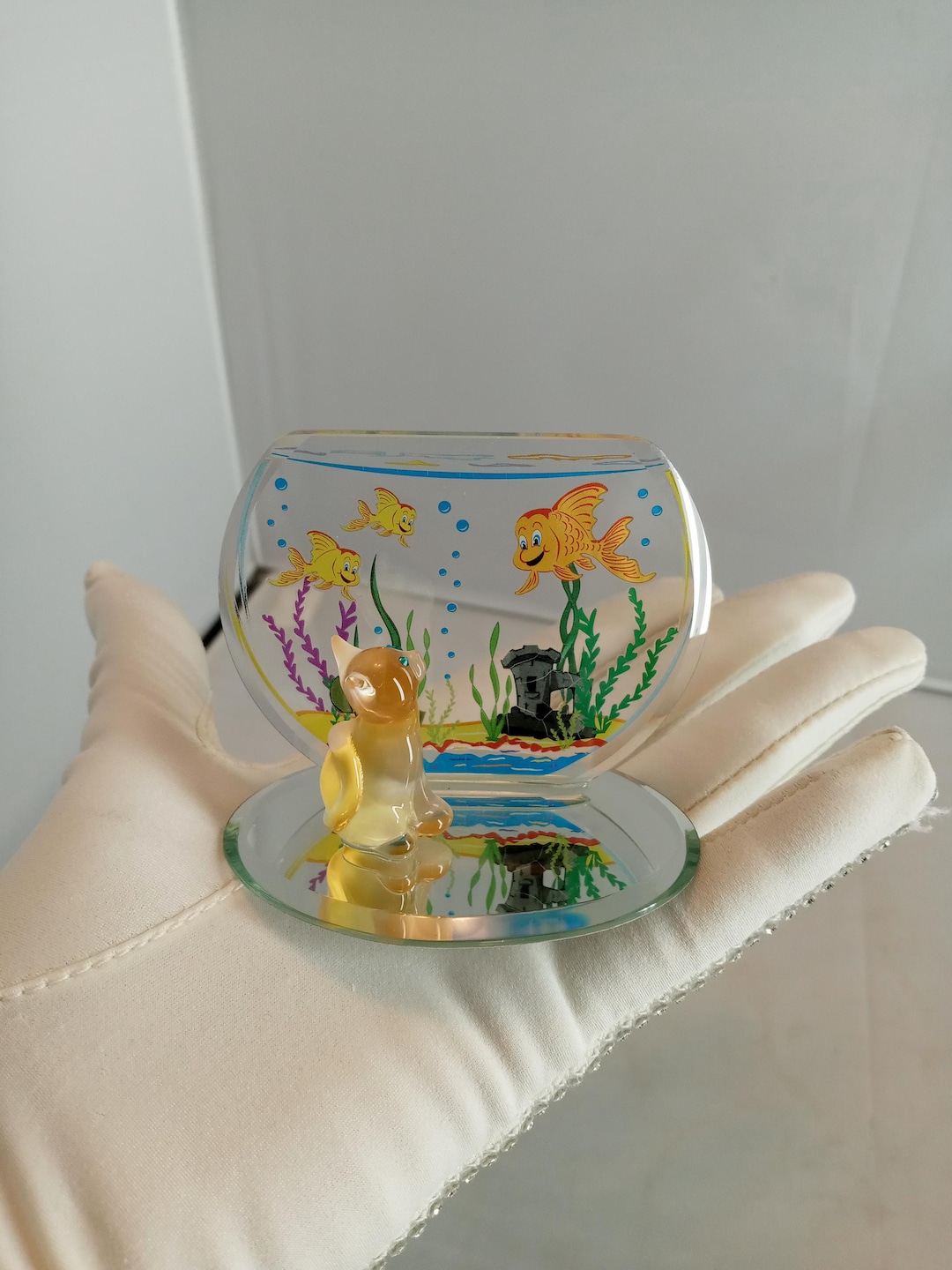 Vintage Glass Baron Cat and Fish Bowl Figurine Swarovski Crystal Cat ...