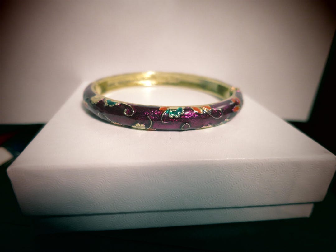 Vintage Jiu Long Xing Gold Tone Cloisonné' Cerise Enamel Hinged Bangle ...