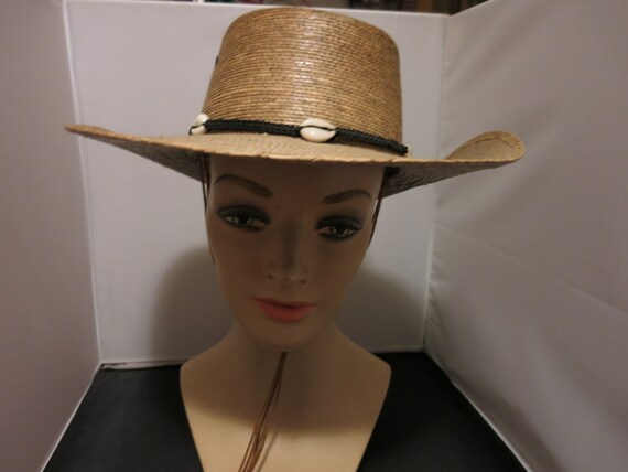 Vintage Straw hat wide brim braided shell trimmed band - Gem
