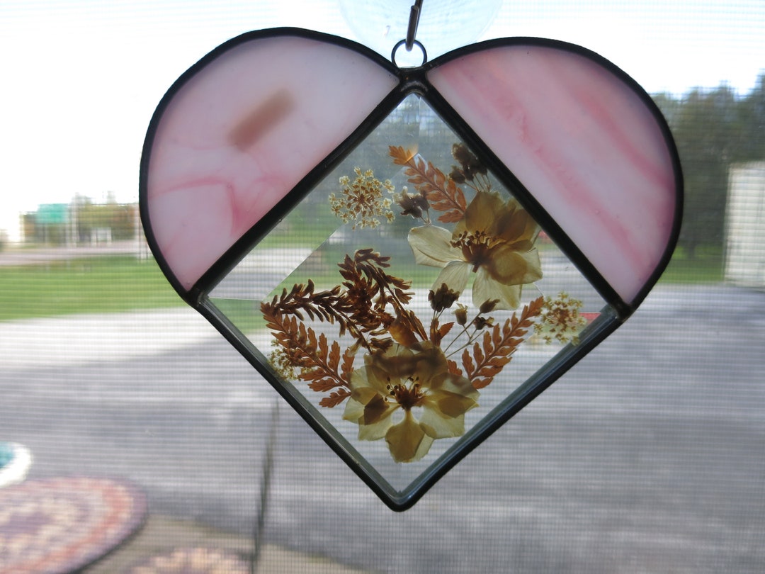Vintage Heart Suncatcher Pink Slag Glass Beveled Clear Glass With Real ...