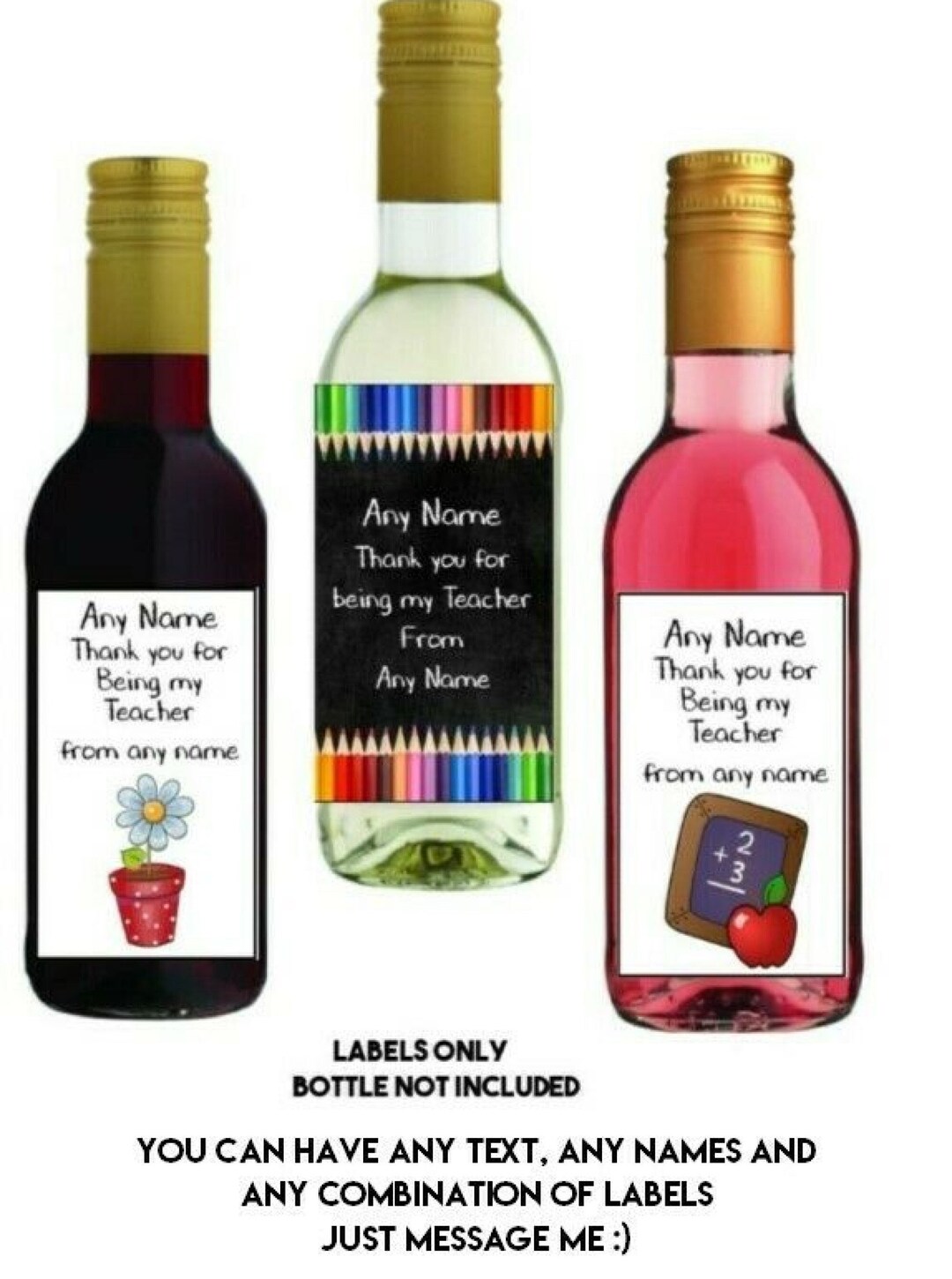 8 MINI Personalised Wine Labels THANK YOU Teacher Gift,cute! Different ...