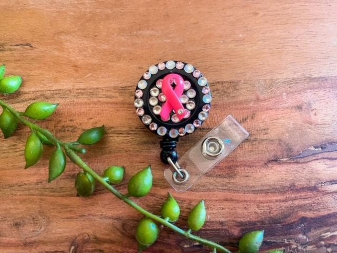 Pink Ribbon Badge Rhinestone Badge Holder Bling Retractable Badge Reel ...