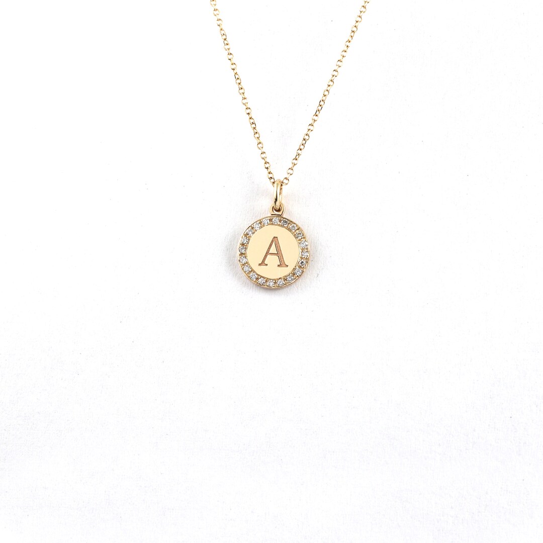 Solid Gold Monogram Disc Necklace, Diamond Circle Pendant, Custom ...