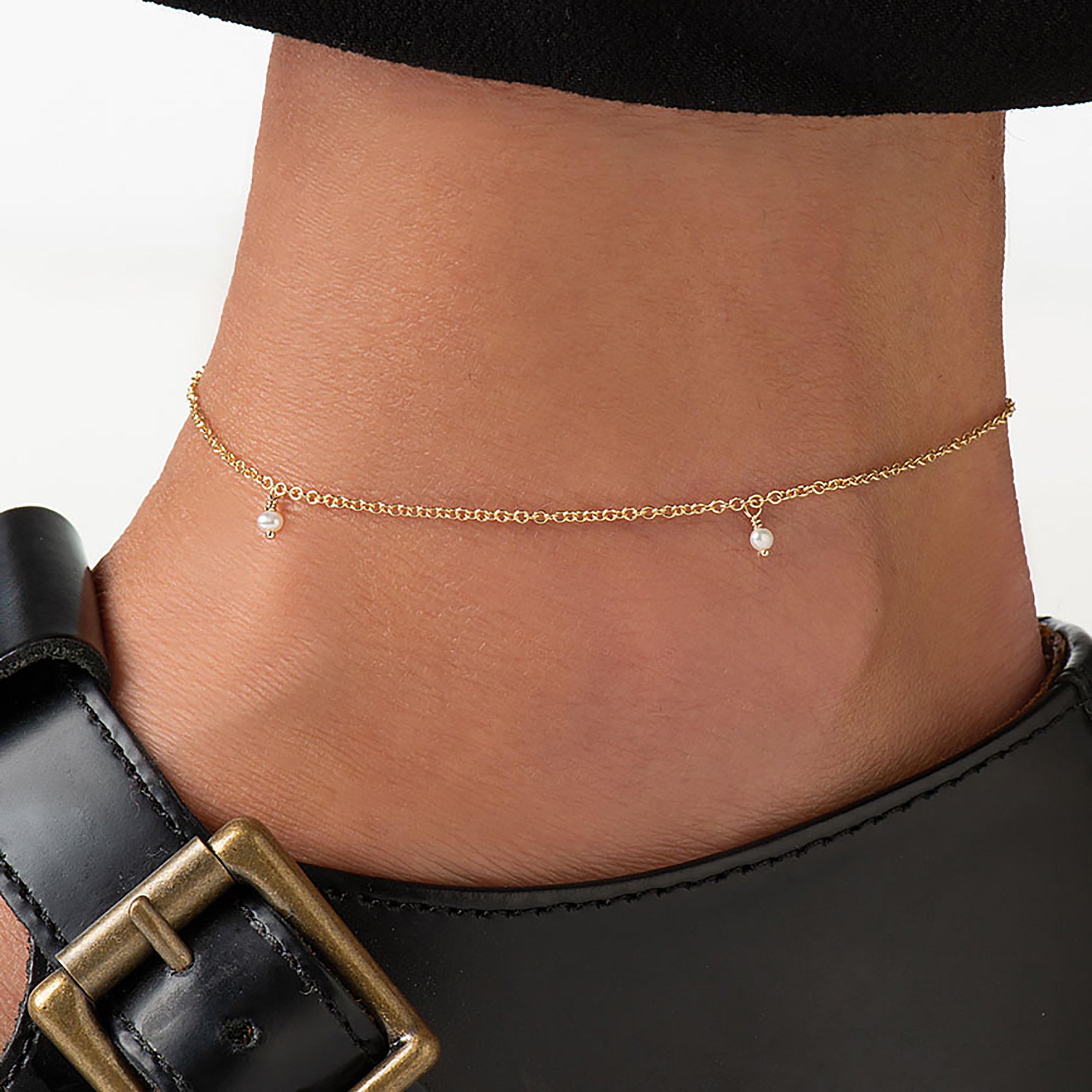 14K Solid Gold Anklet: Tiny White Pearl Chain, Summer Beach Style - Etsy