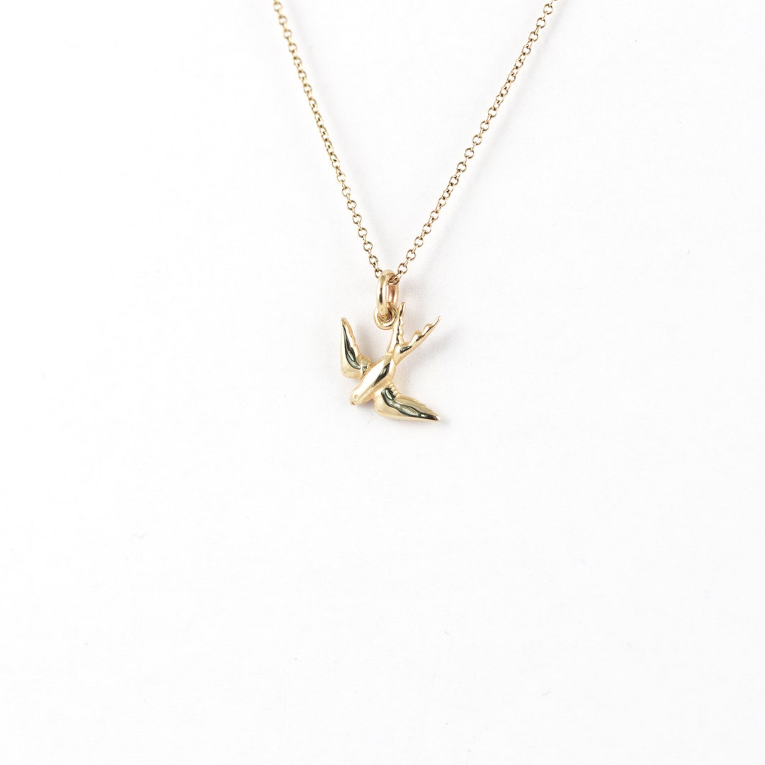 14K Solid Gold Swallow Necklace: Bird Charm Pendant - Etsy