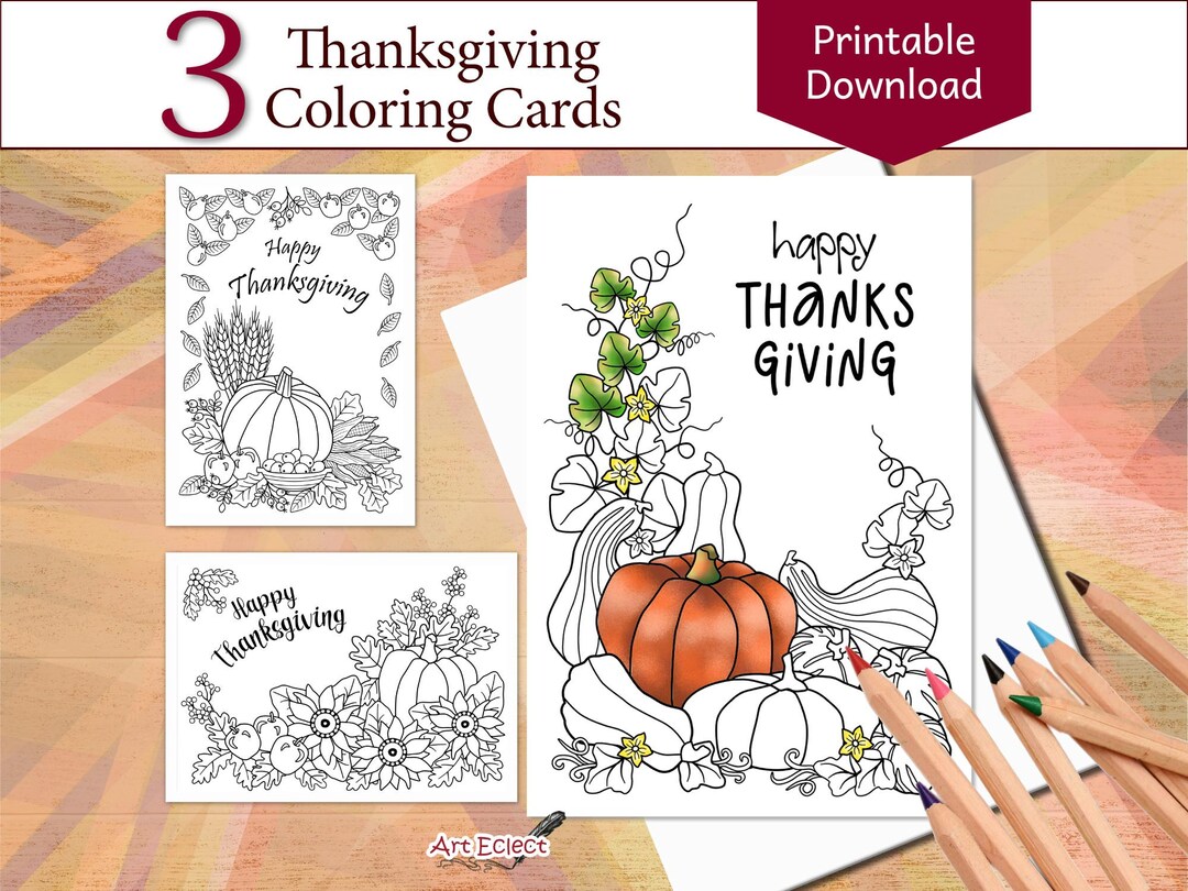 Printable Thanksgiving Coloring Cards, Instant Downloadable Cards to ...