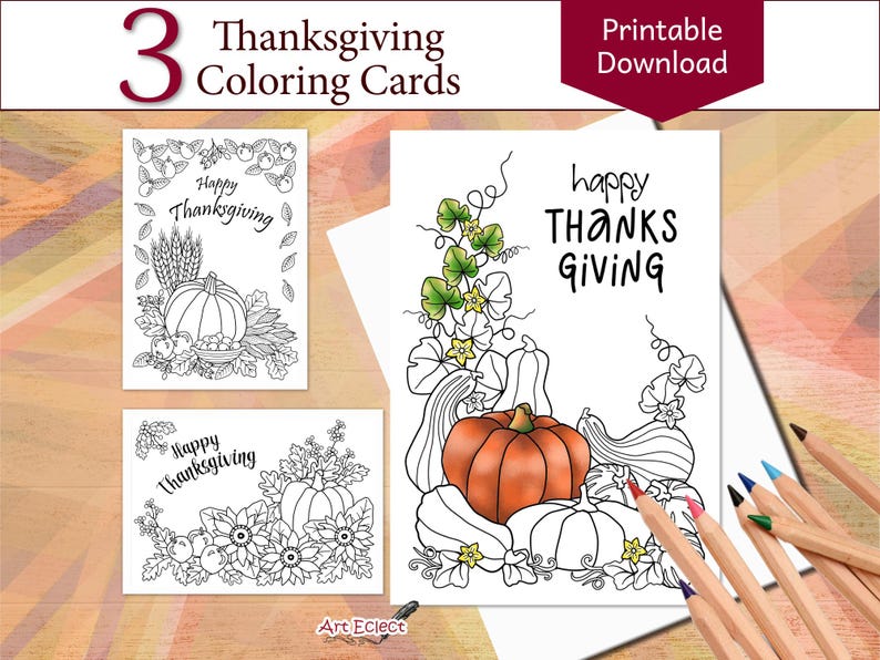 Printable Thanksgiving Coloring Cards, Instant Downloadable Cards to ...
