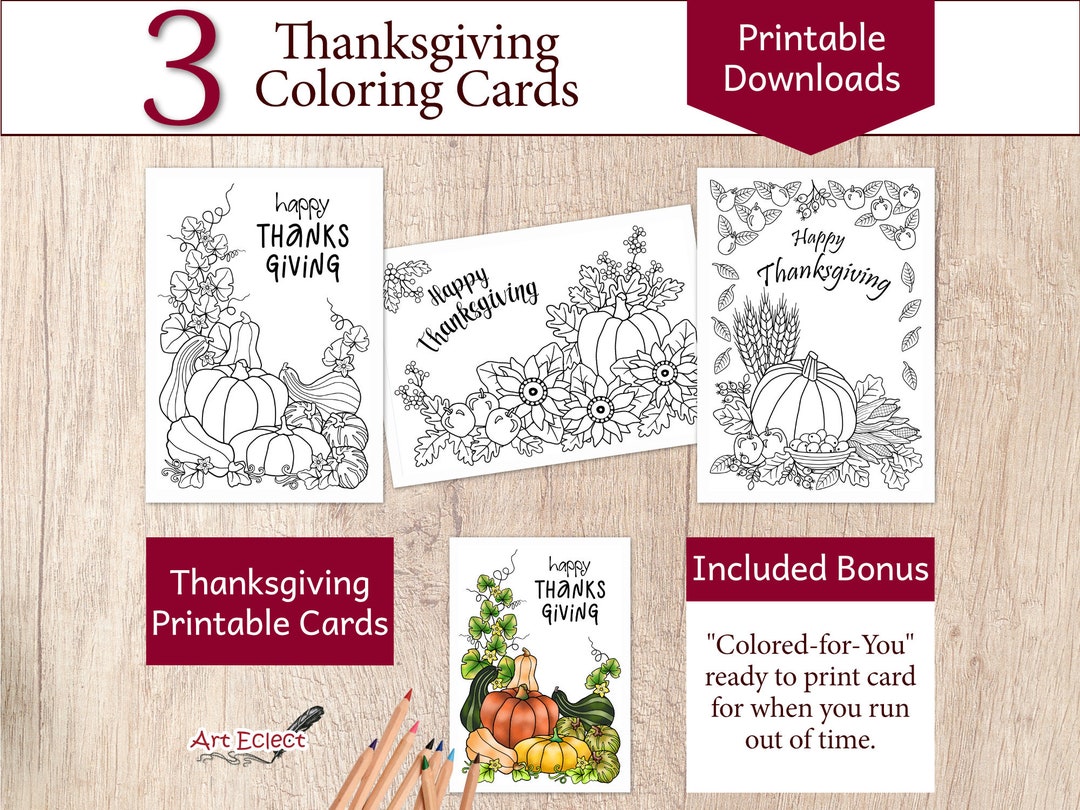 Printable Thanksgiving Coloring Cards, Instant Downloadable Cards to ...