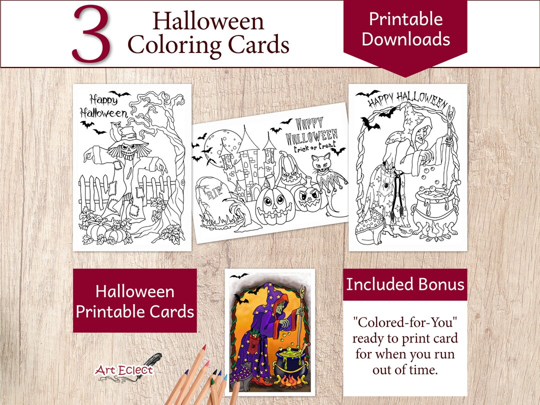 Printable Halloween Coloring Cards, Instant Downloadable Cards to Print ...