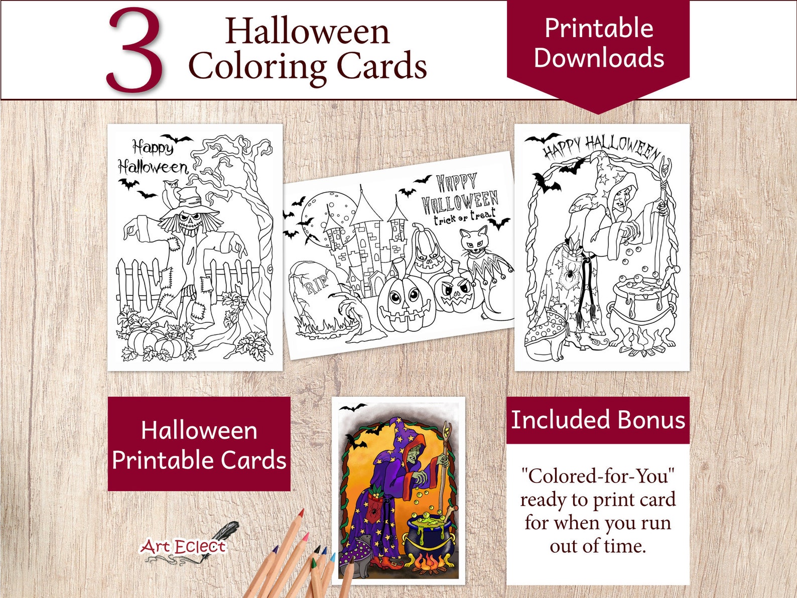 Printable Halloween Coloring Cards, Instant Downloadable Cards to Print ...