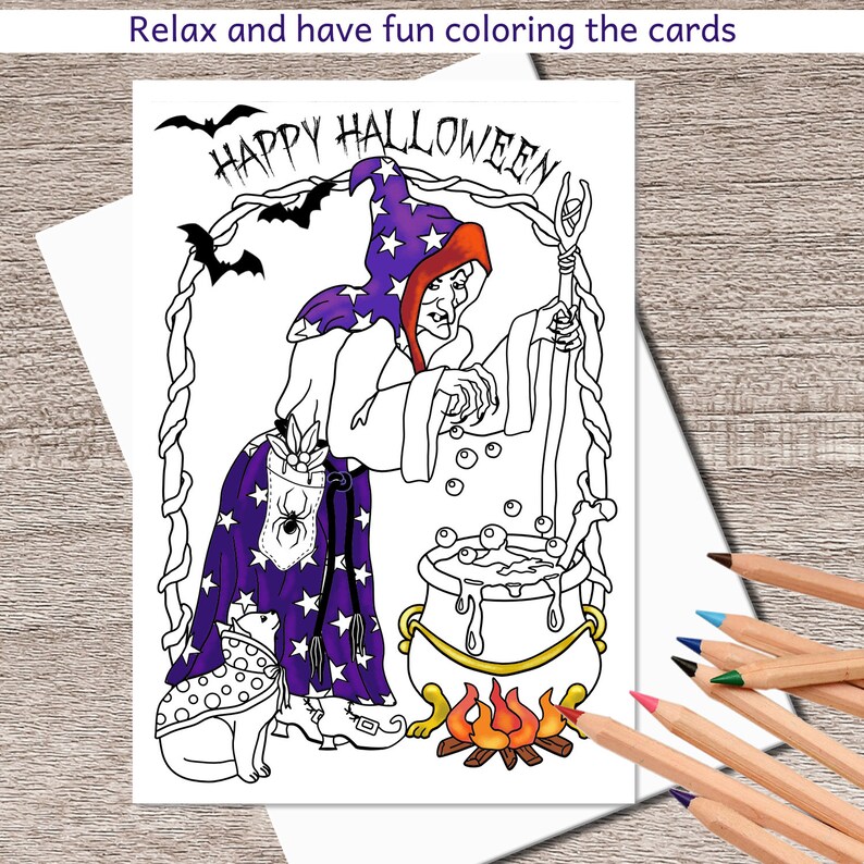 Printable Halloween Coloring Cards, Instant Downloadable Cards to Print ...