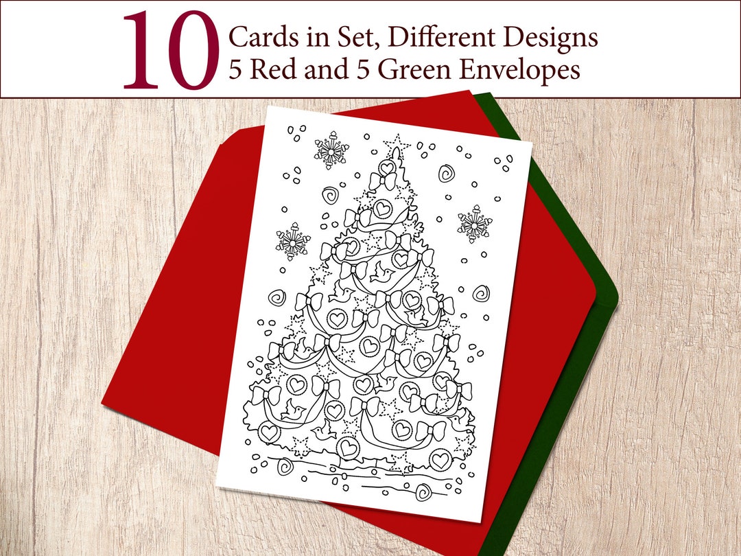 Coloring Christmas Cards Set, 10 Unique Designs, 5 Red and 5 Green ...