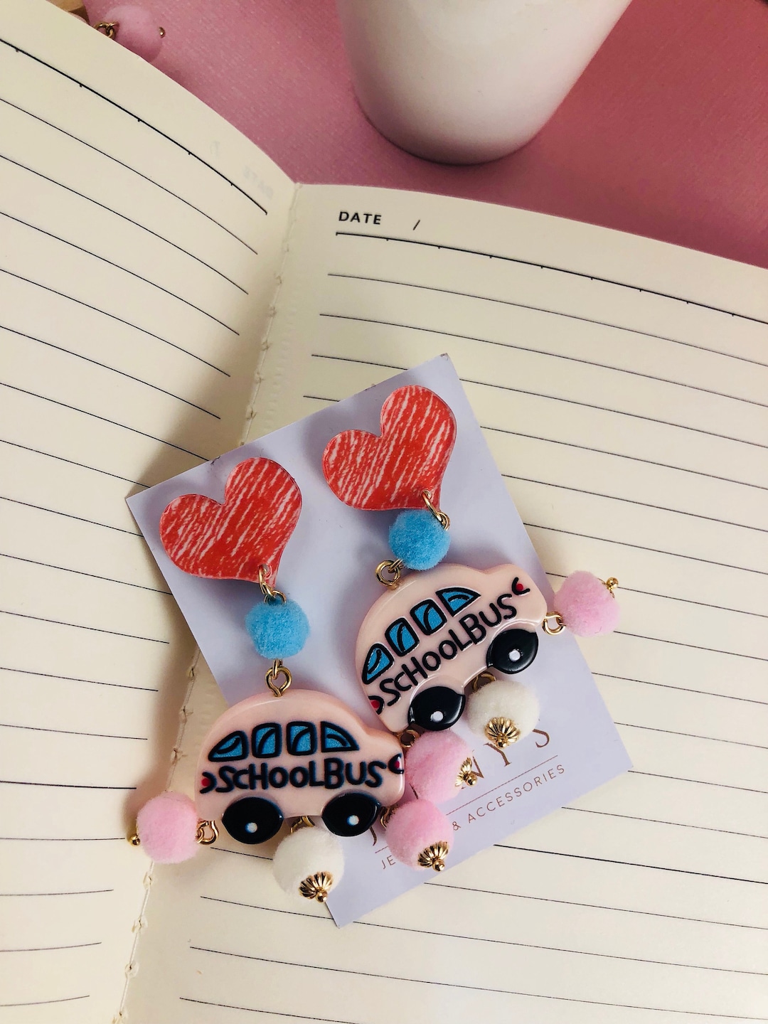 Back to School Earrings: Pink School Bus, Red Heart, Pompom Dangle - Etsy