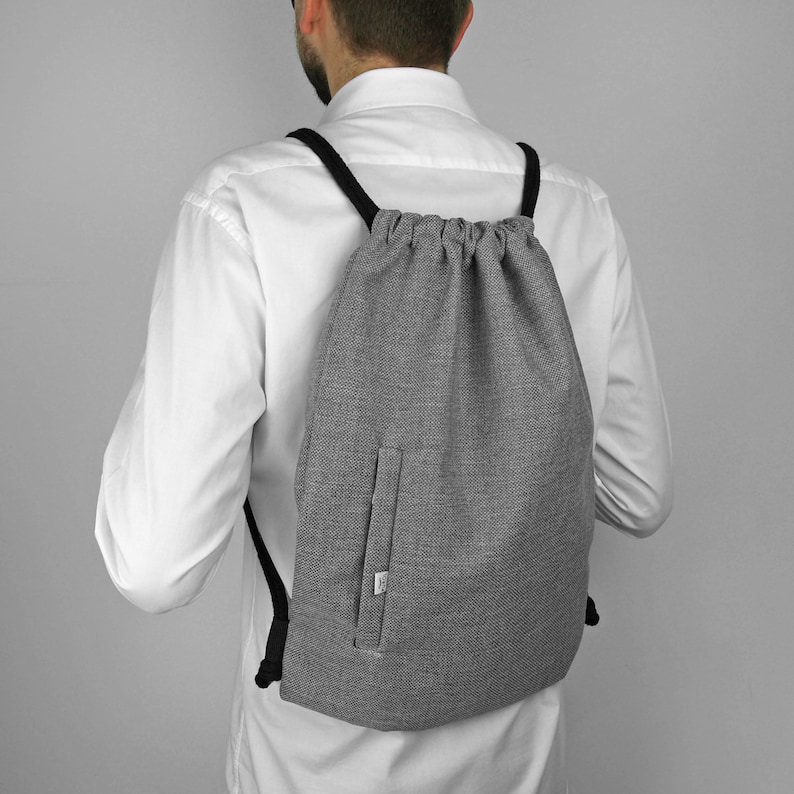 DRAWSTRING BACKPACK Hipster Sack Bag Vegan Back Pack Light Grey Fabric ...