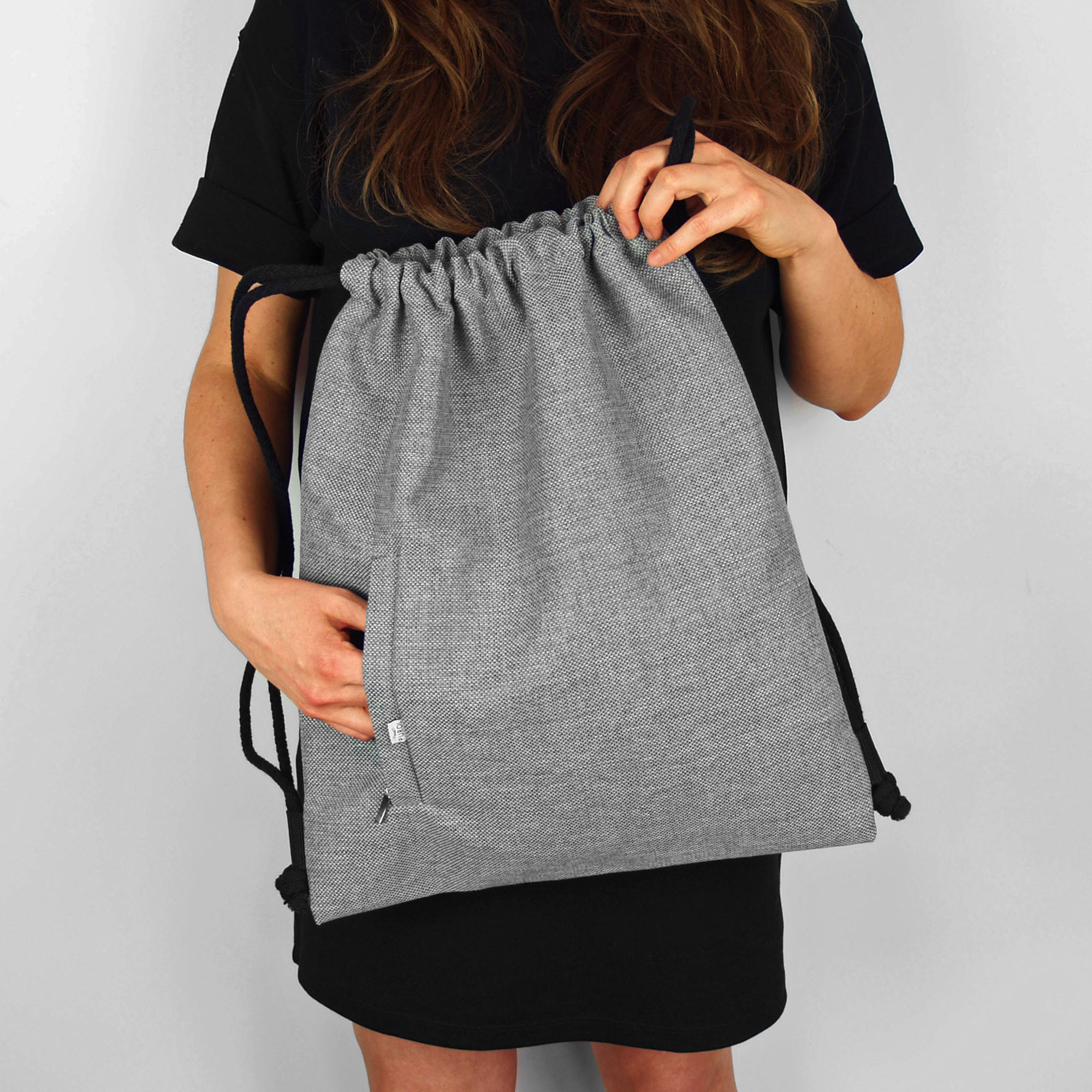 DRAWSTRING BACKPACK Hipster Sack Bag Vegan Back Pack Light Grey Fabric ...