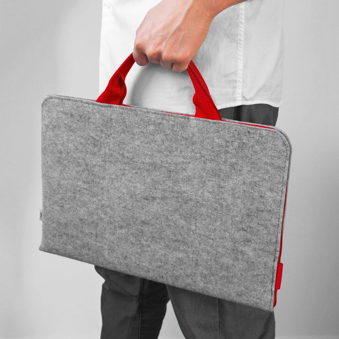 LAPTOP FELT CASE With Handle MacBook Sleeve Light Grey Felt Red Zipper ...