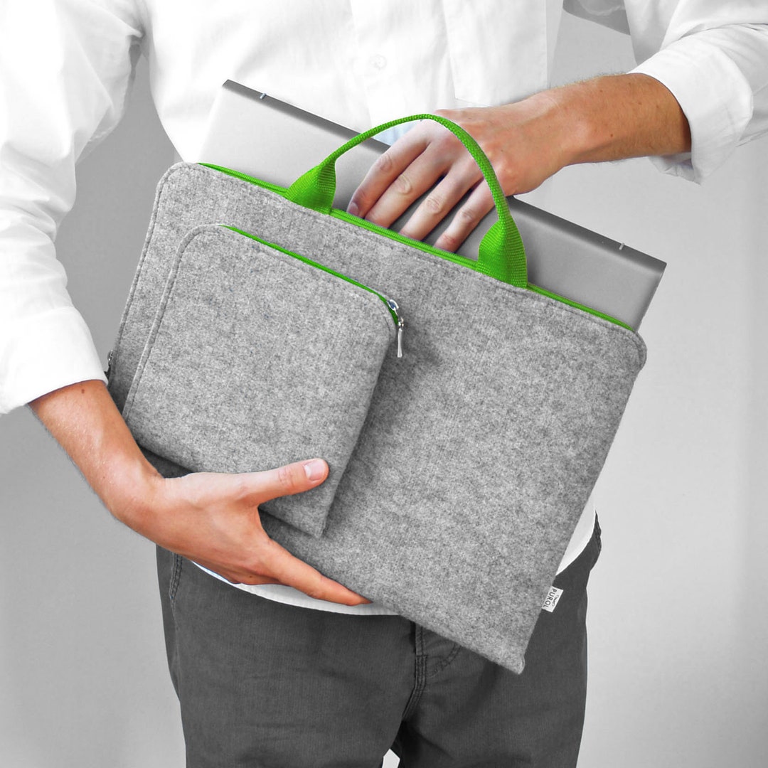 HANDMADE LAPTOP SLEEVE With Handle Light Grey Felt MacBook Cover Green ...