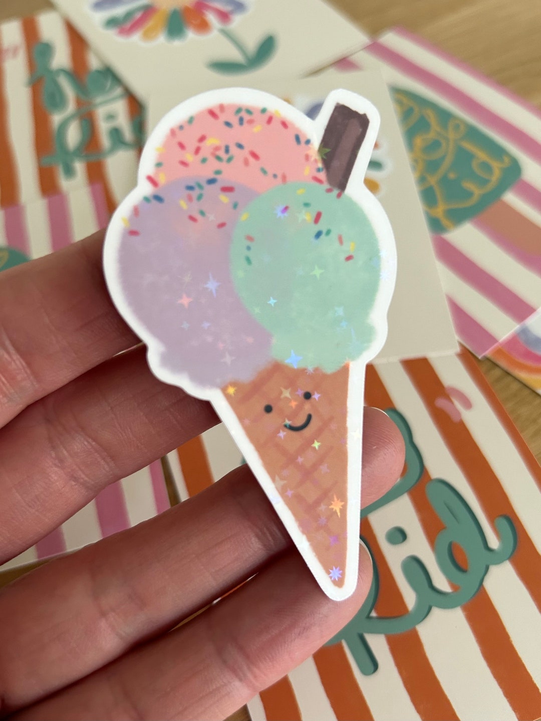 Smiley Icecream Waterproof Vinyl Sticker With Holographic Coating, Kid ...