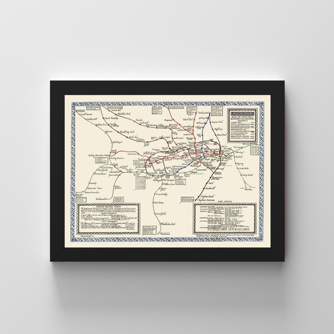 Framed London Underground Railway 1920's Tube Map Art Deco Print A3 ...
