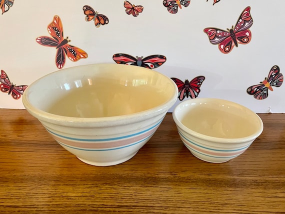 Set of 2. Vintage McCoy Pink and Blue Stripe Ceramic Nesting Mixing ...