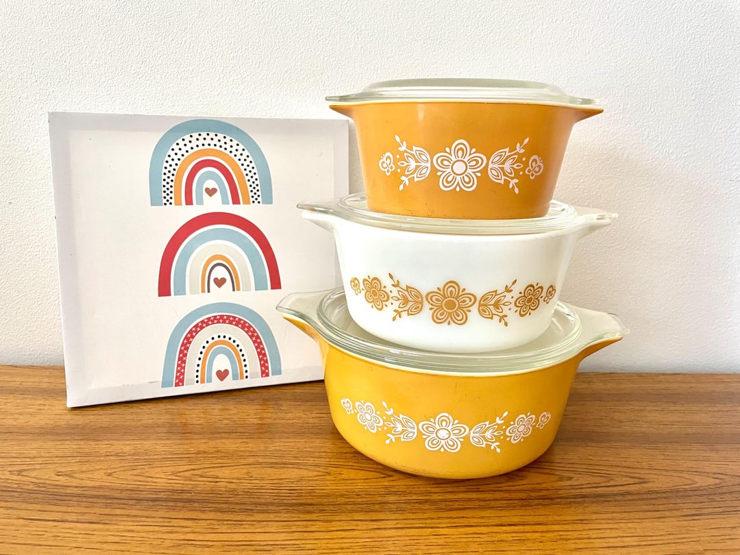 3 Pyrex Butterfly Gold Covered Casseroles, Corelle Butterfly Gold ...
