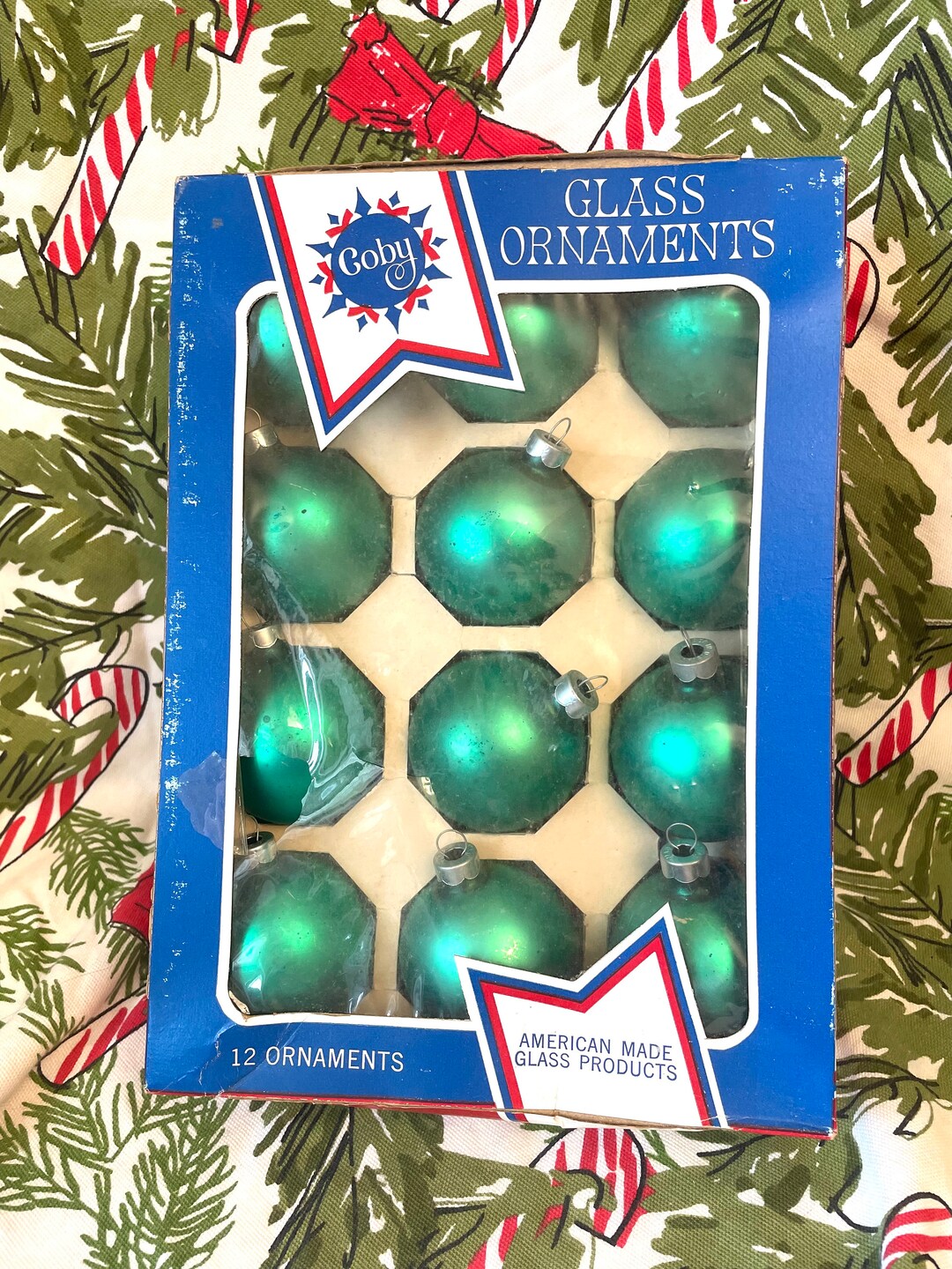 12 Coby Green Satin Finish Glass Christmas Ornaments, Mid Century ...