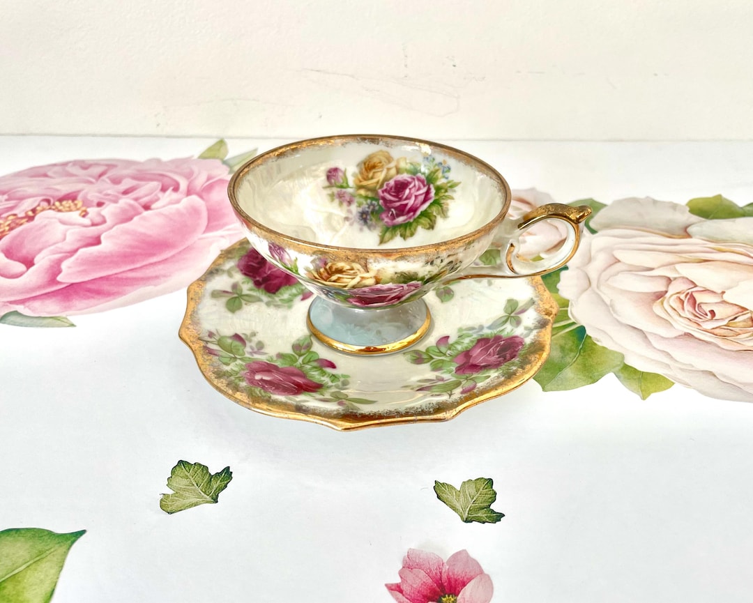 Vintage Iridescent Rose Cup and Saucer, Opalescent Cabbage Rose Footed ...